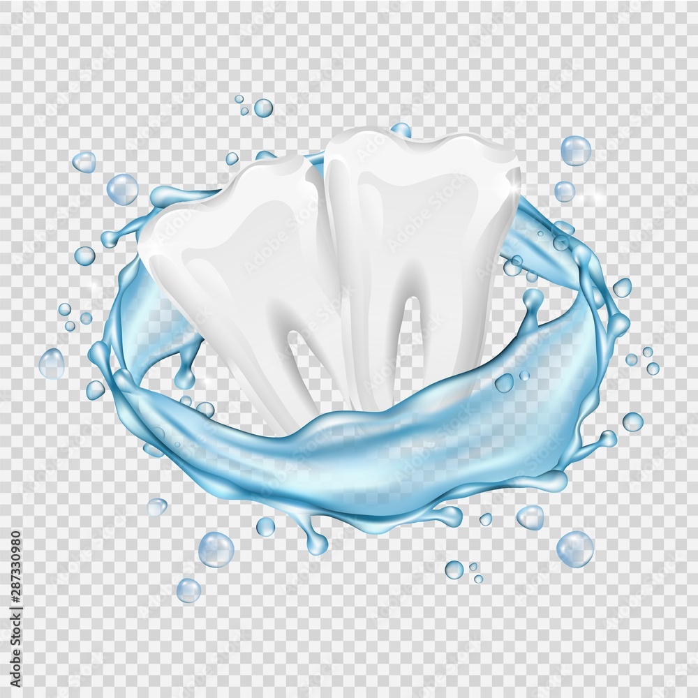 Realistic teeth. Vector clean white teeth and water splash isolated on ...