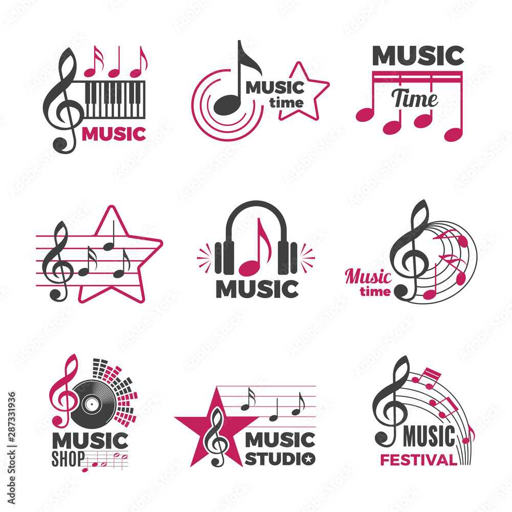 Music notes logo. Badges with song and sound symbols audio podcast ...
