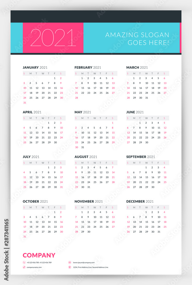 Calendar for 2021 year. Week starts on Sunday. Printable vector ...