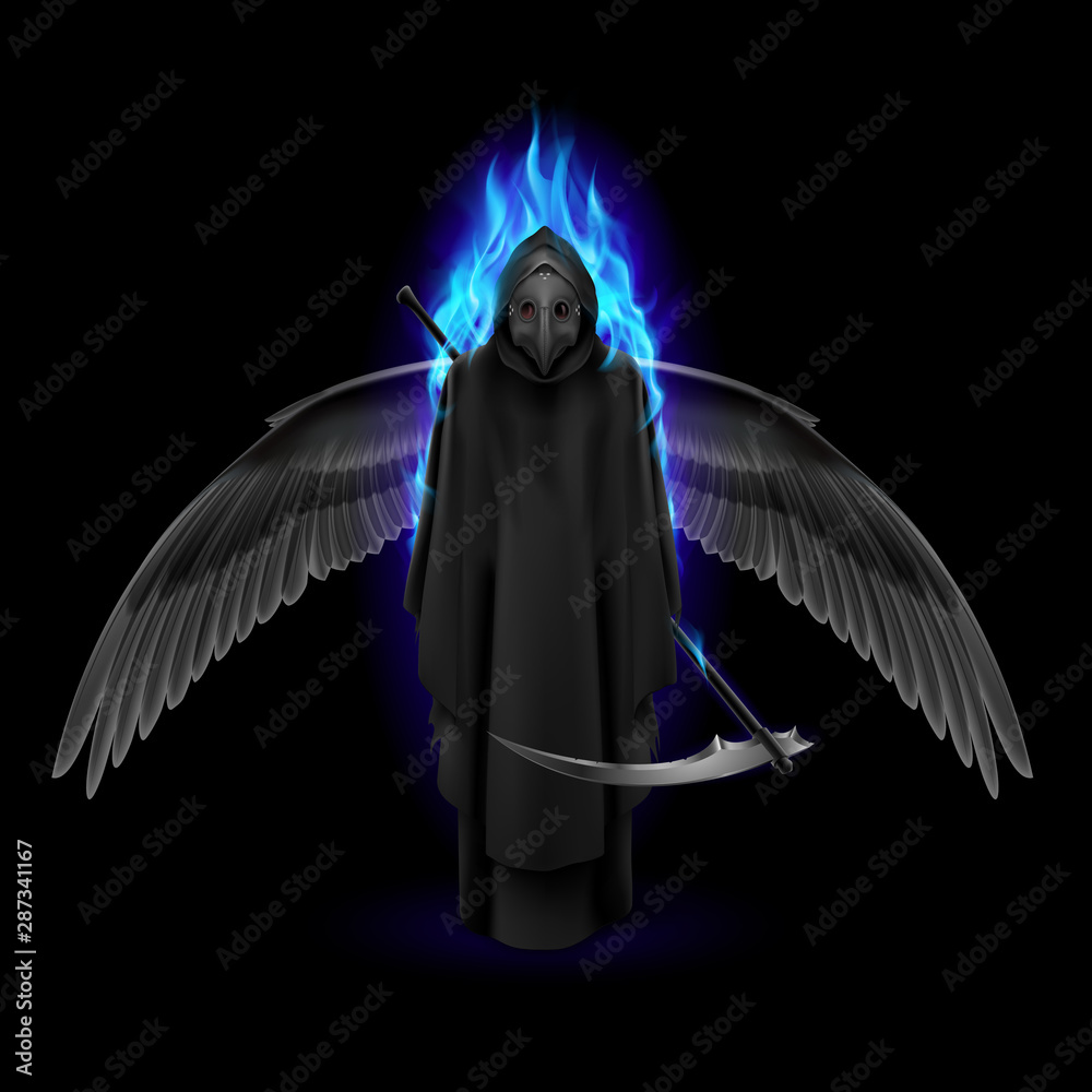 Plague Doctor with Wings and Blue Flame. Medieval Death Symbol Plague ...