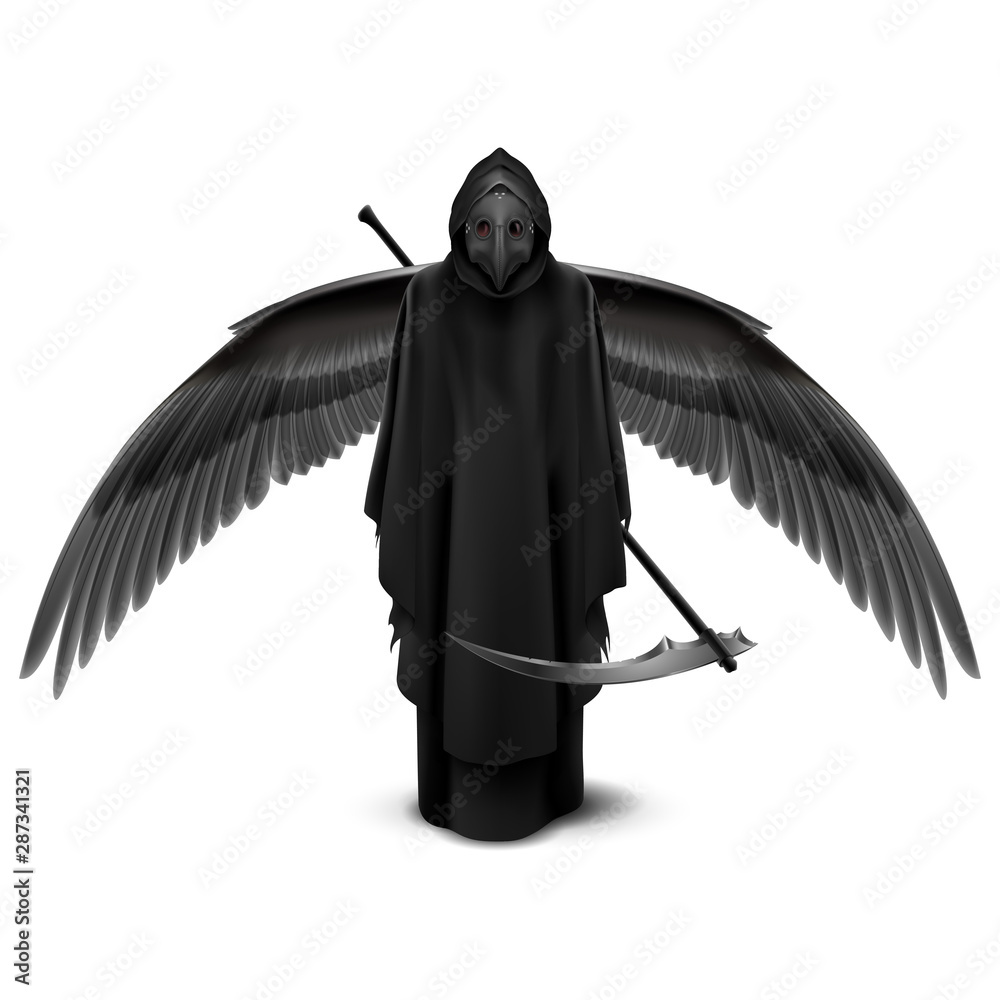 Plague Doctor with Two Wings and a Scythe in His Hands. Medieval Death ...