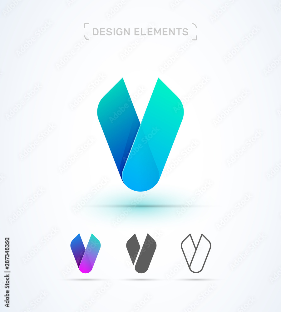 V letter logo design template. Material, flat, line art style. Glossy ...
