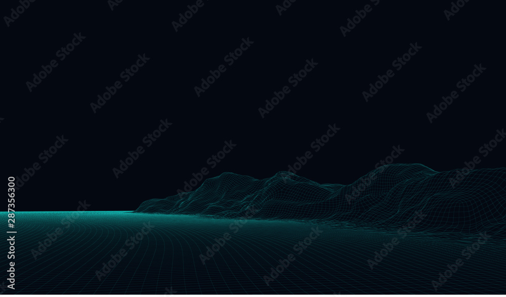 Abstract digital landscape with particles dots and stars on horizon ...