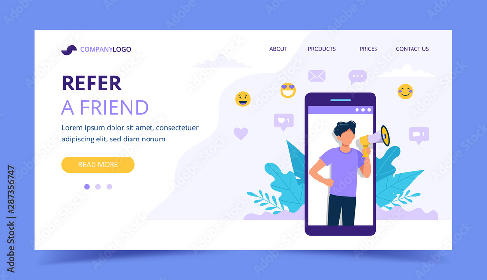 Refer a friend landing page with big smartphone with man. Promotion ...