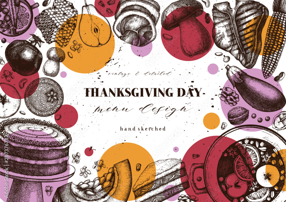 Thanksgiving day background. Vector menu template with traditional food ...