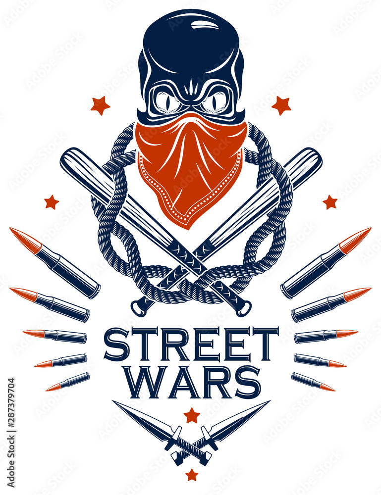 Brutal gangster emblem or logo with aggressive skull baseball bats and ...