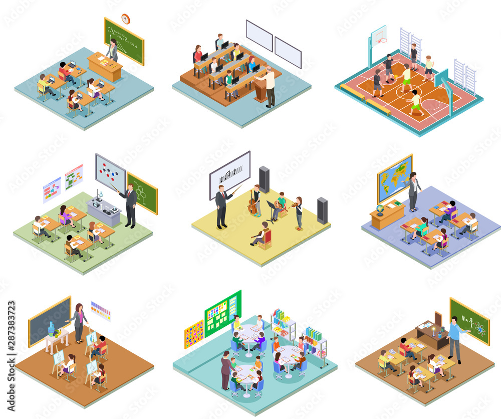 School rooms isometric. Library dining room lecture classroom gym ...