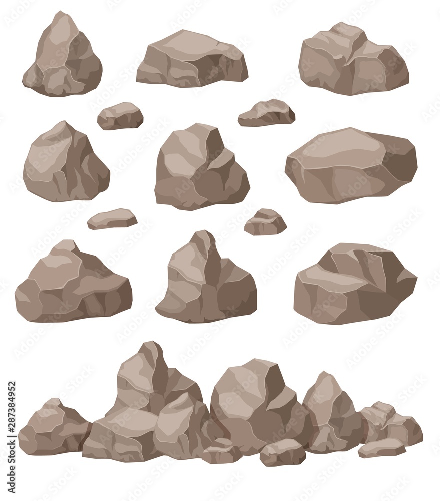 Rock stones. Cartoon stone isometric set. Granite boulders pile ...