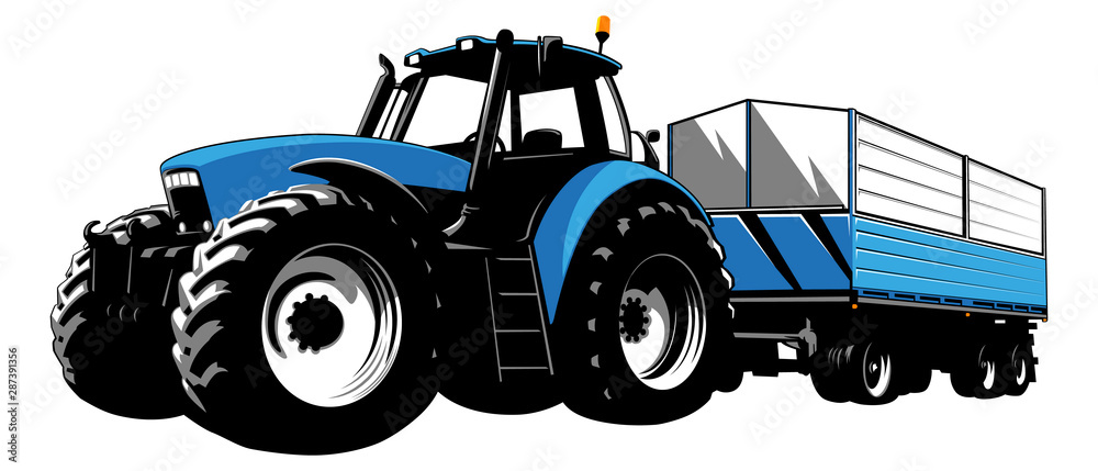 Blue tractor with big trailer for transportation of goods. Agricultural ...