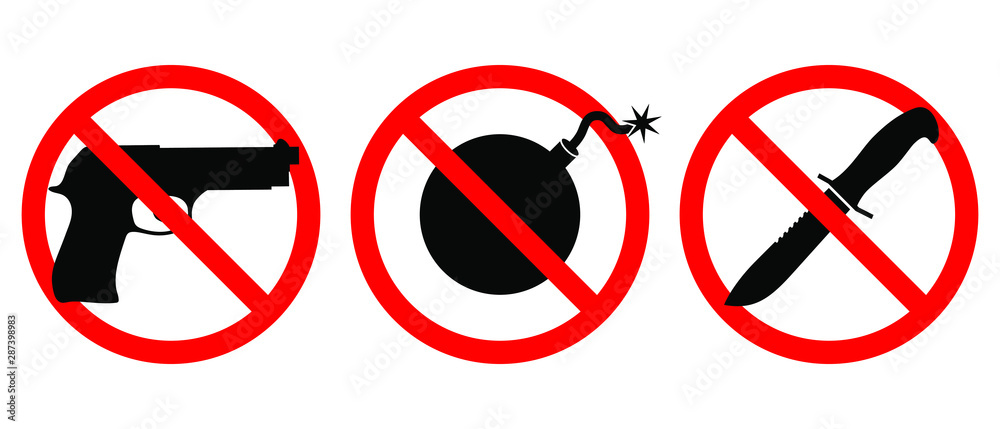 Weapons are prohibited icons set. Guns, knives, bombs are banned ...