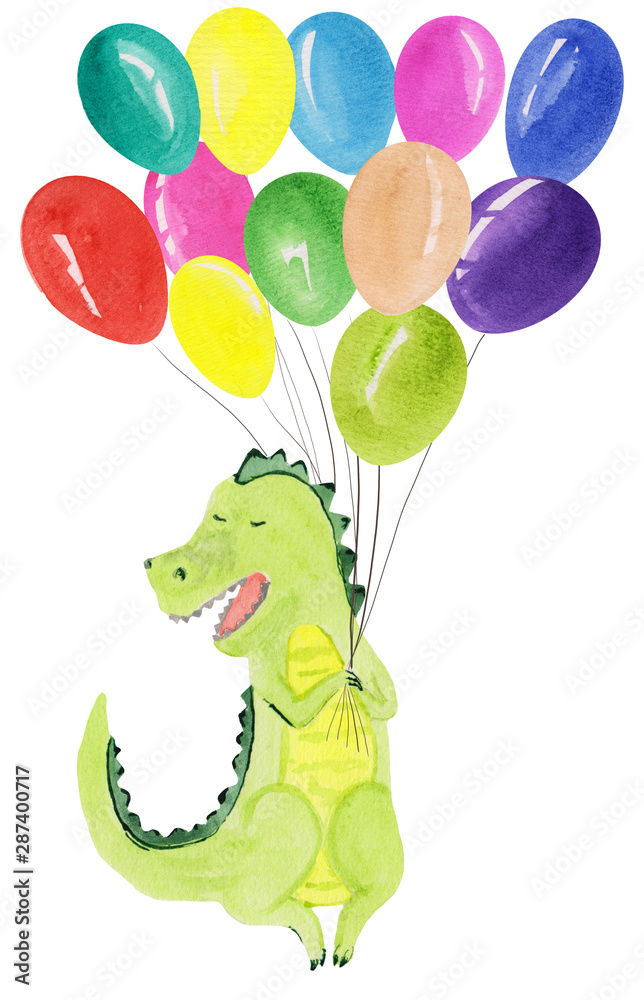 cartoon baby dinosaur with balloons, watercolor illustration for cards ...
