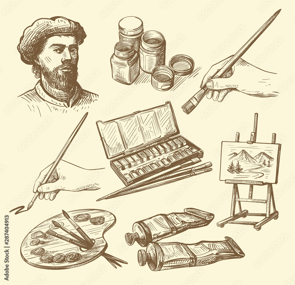 Set of Hand Drawn Artists Stuff Stock Vector | Adobe Stock