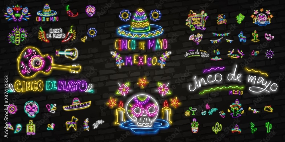 Neon Mexican icons. Icon from Cinco De Mayo. Mexico neon sign. Cactus ...