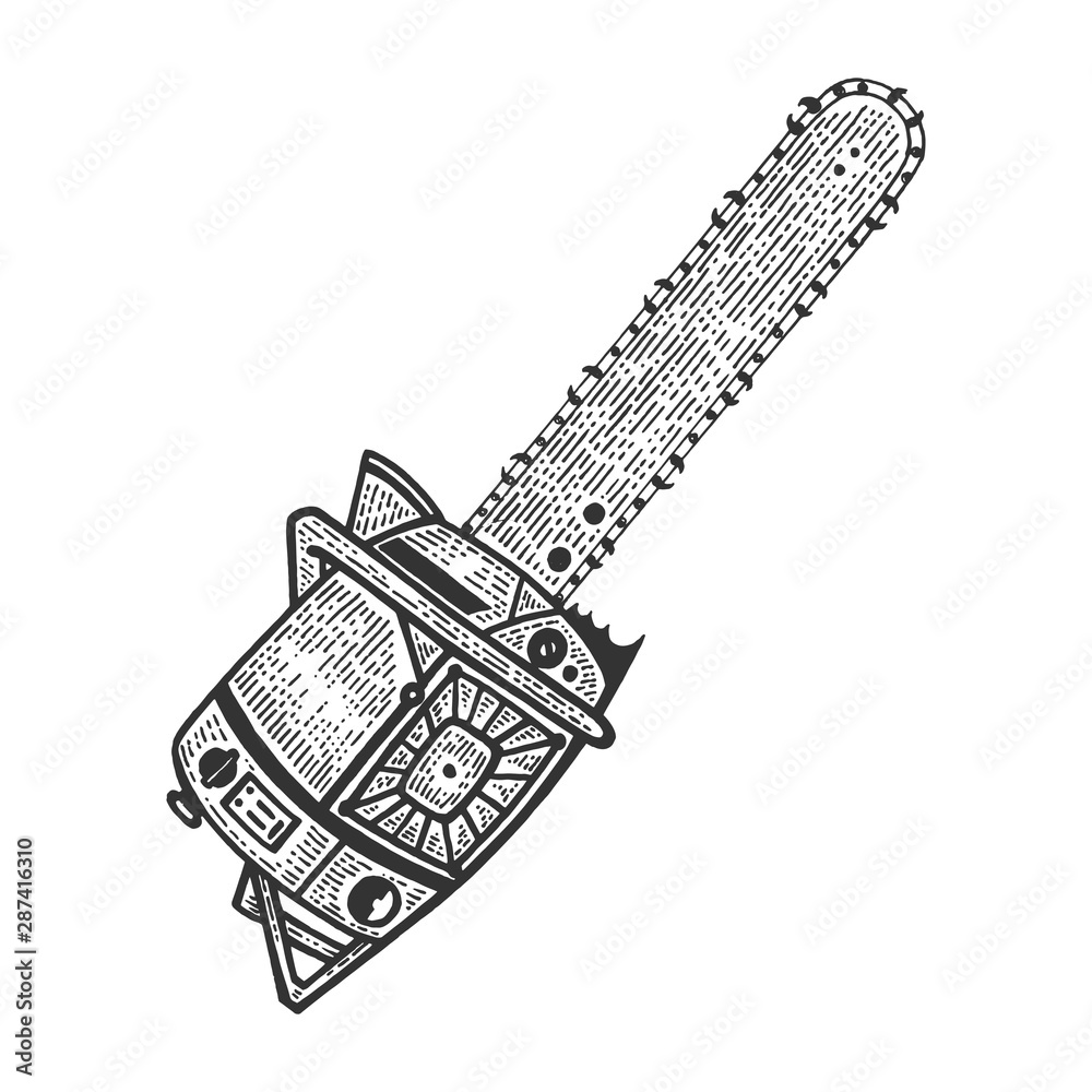 Chainsaw industrial tool sketch engraving vector illustration. Tee ...