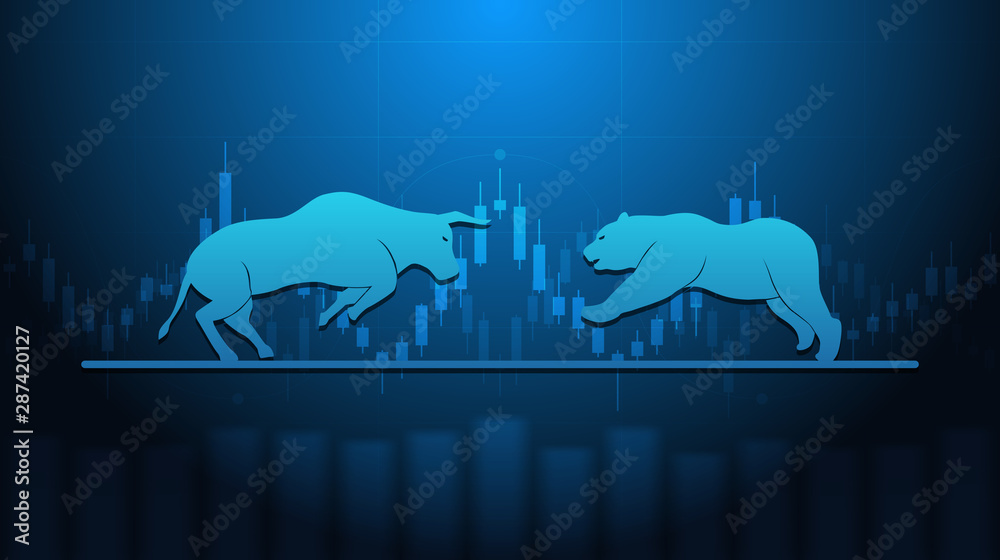 Abstract financial chart with bulls and bear in stock market on blue ...