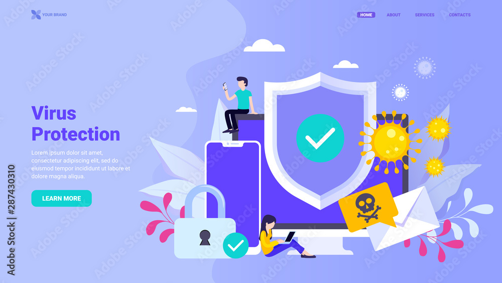 Virus protection, antivirus, firewall, anti hacker landing page concept ...