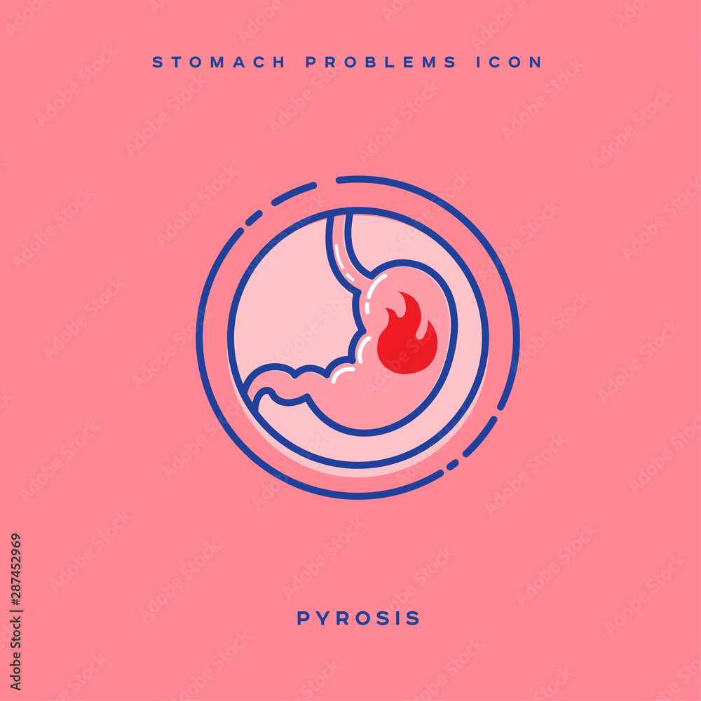 Stomach problem icon. Stomach heartburn, pyrosis. Linear icons in a ...