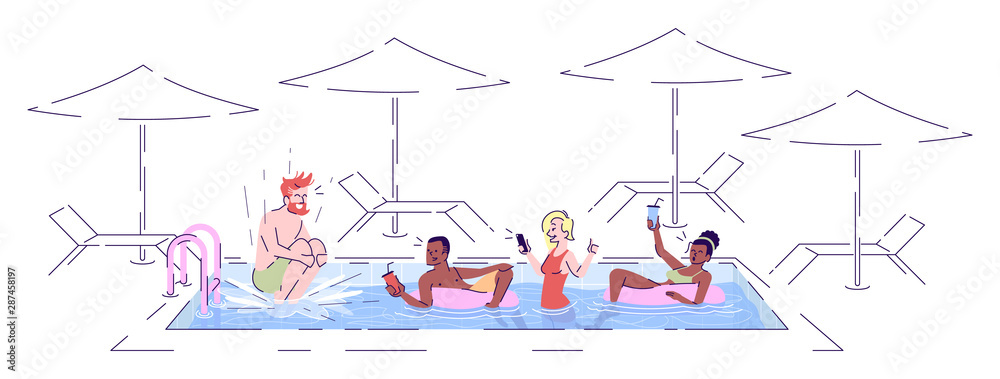 Swimming pool fun flat vector illustration. Friends relaxing, jumping ...