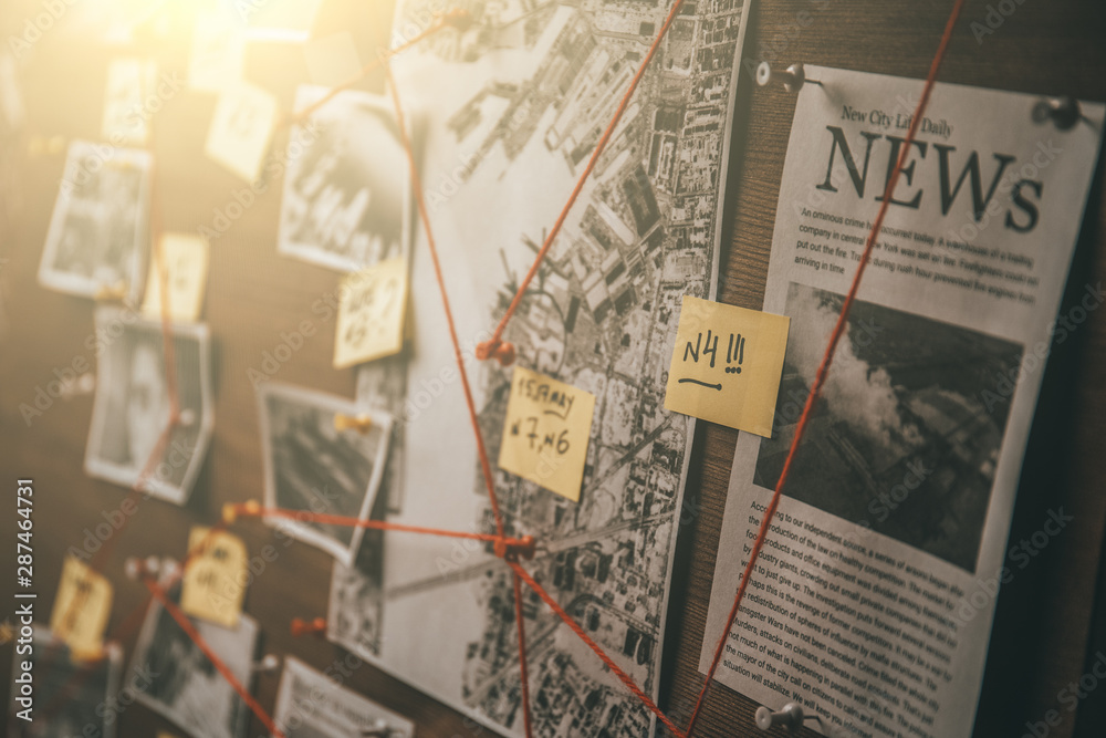 Detective board with photos of suspected criminals, crime scenes and ...