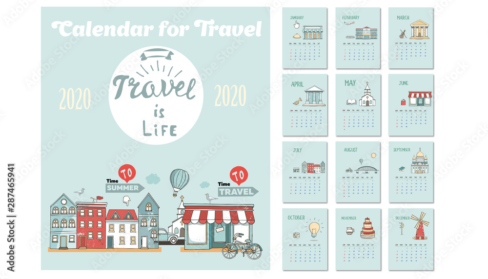 2020 Calendar of Travel. Template with cartoon City Skyline. Vector ...