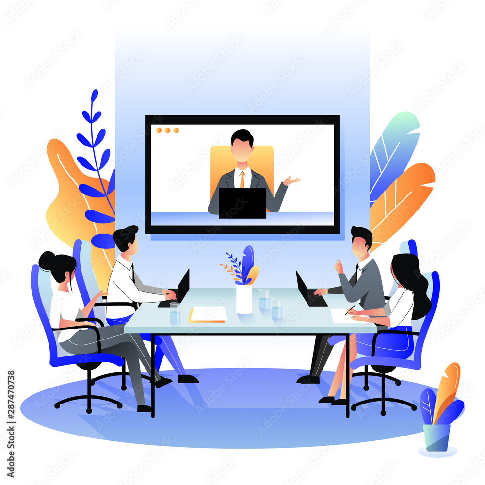 Group of businesspeople at the video conference call. Vector flat ...