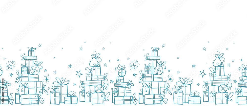Horizontal seamless pattern with piles of blue gift boxes on white ...