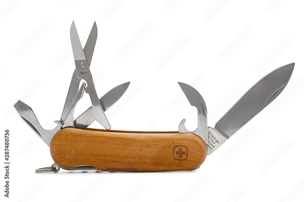 BUDAPEST, HUNGARY - JUNE 09, 2015: Wenger swiss knife isolated on white ...
