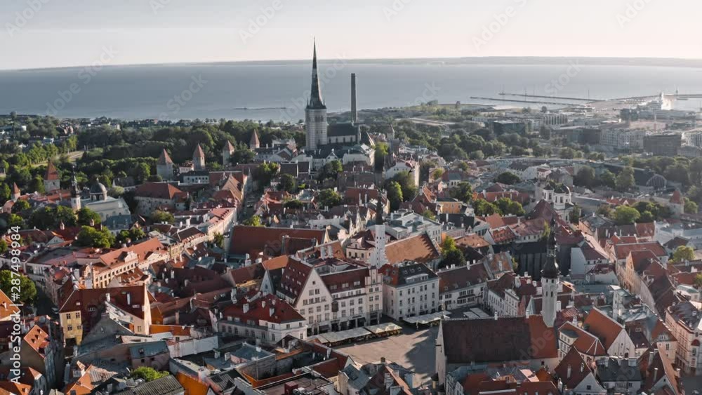 Tallinn, Estonia: morning drone panorama of old town with St. Olaf's ...