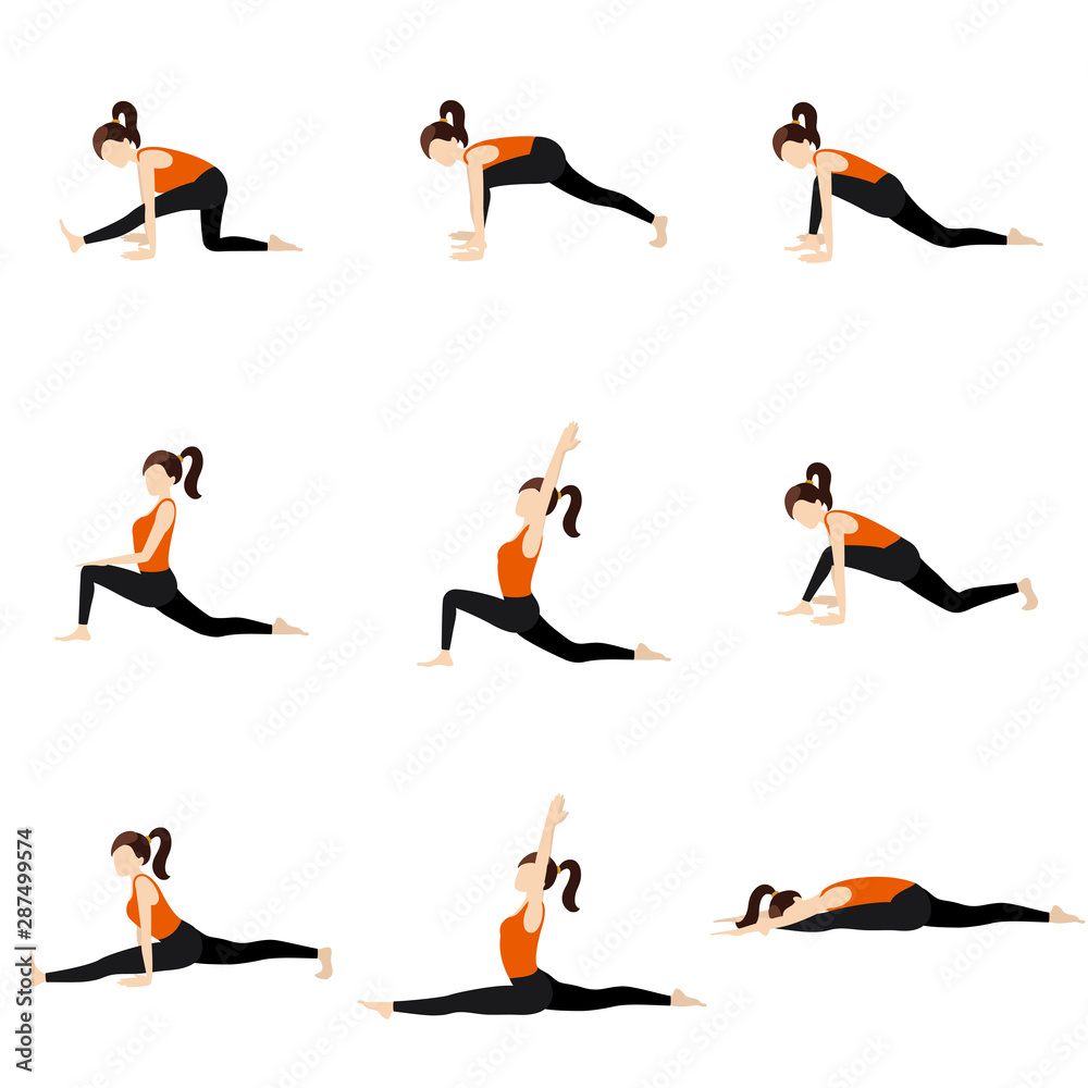 Monkey pose sequence yoga asanas set/ Illustration stylized woman ...