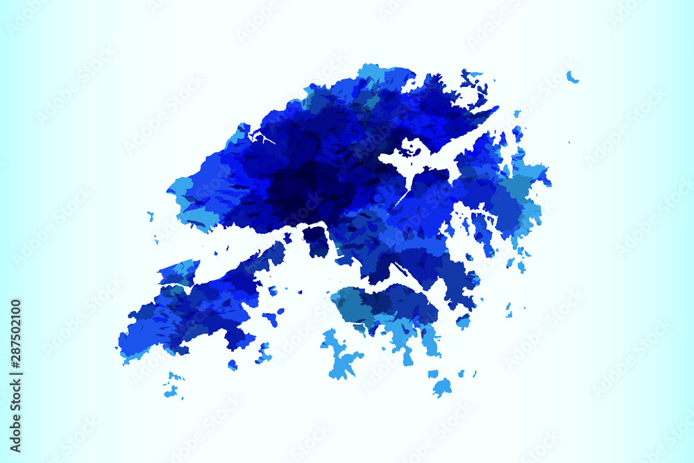 Hong Kong watercolor map vector illustration of blue color on light ...