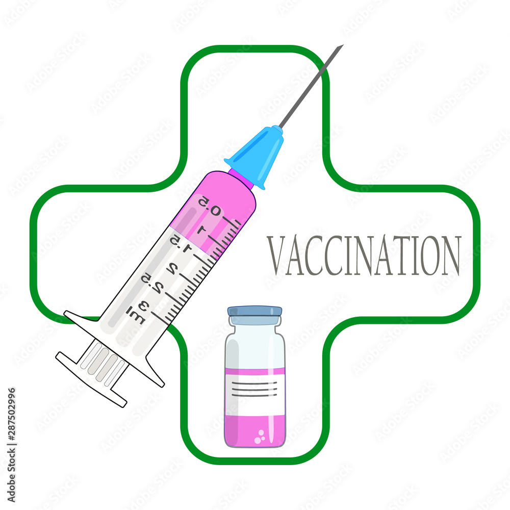 Flat drawing of a medical syringe with a needle and a bottle of ...