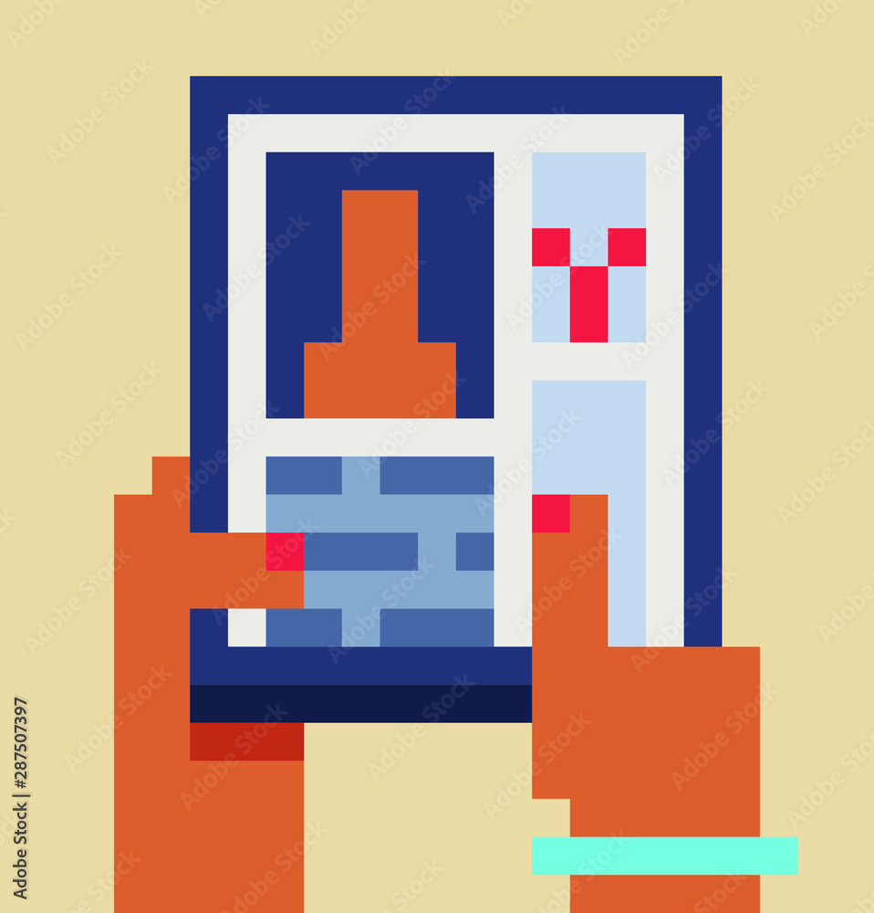 Hand hold tablet and pointing on the screen concept pixel art vector ...