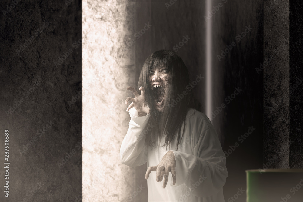Scary ghost woman with blood and angry face with clawing hands haunted ...
