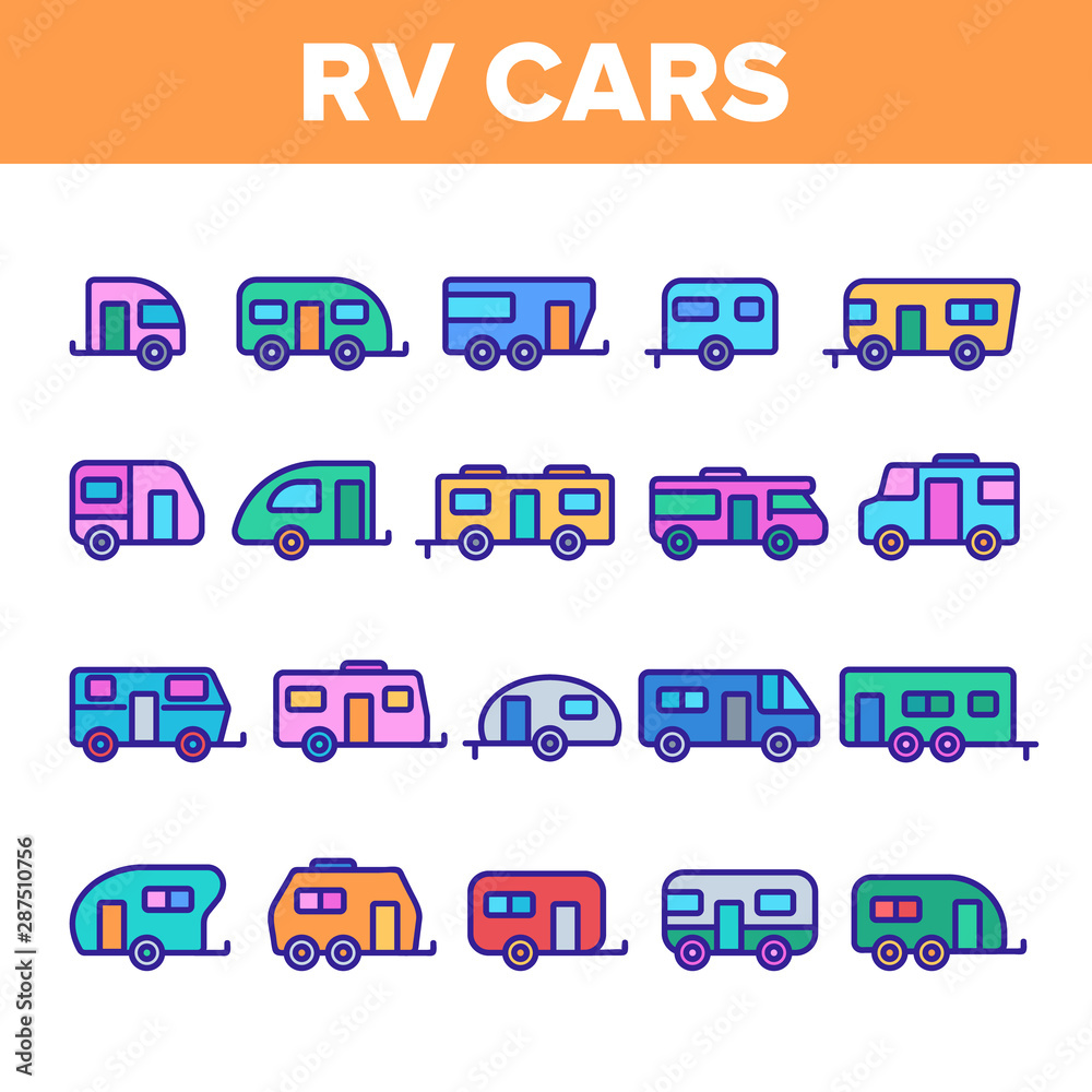 Color Rv Camper Cars Vehicle Icons Set Vector Thin Line. Different ...