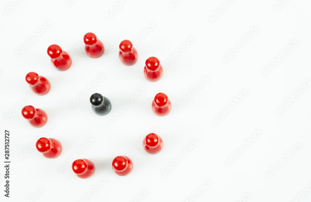 Many red meeple in a circle and one black meeple in the middle, white ...