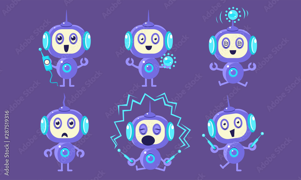 Cute Robot Character Set, Adorable Robotics in Different Poses and ...