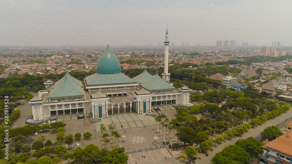 aerial view cityscape city Surabaya with mosque Al Akbar, highway ...