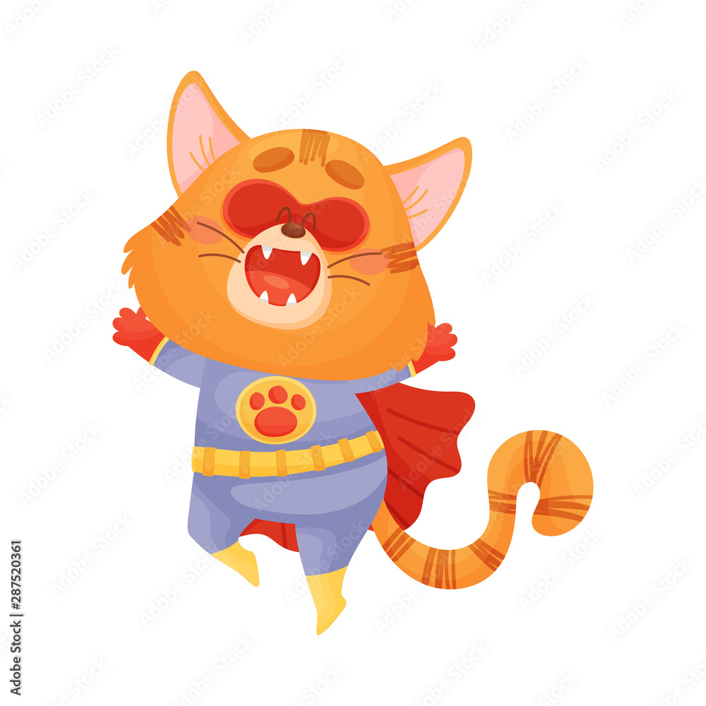 Cartoon cat superhero jumping up. Vector illustration on a white ...