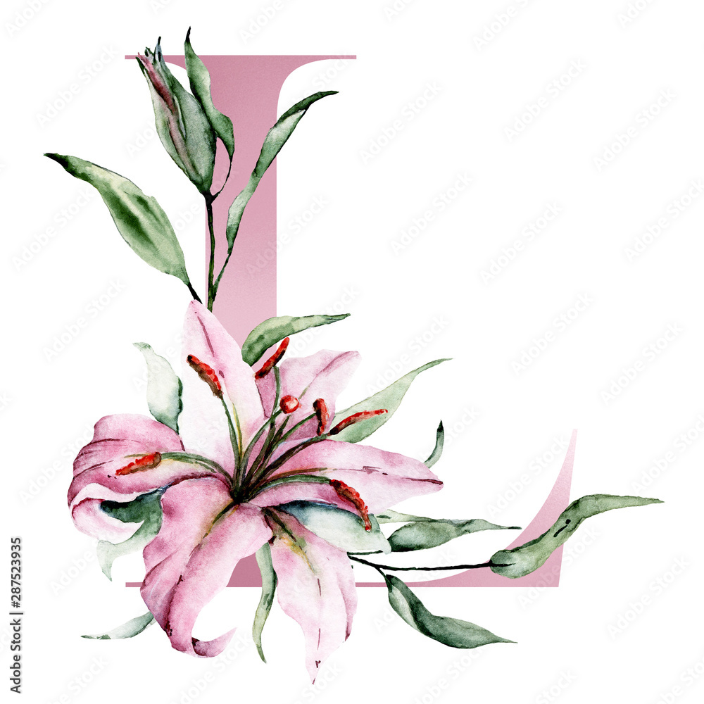 Letter L with watercolor flowers lilies and leaves. Floral alphabet ...