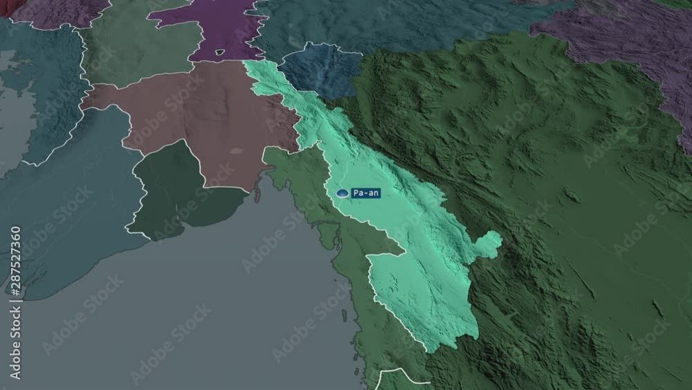 Kayin - state of Myanmar with its capital zoomed on the administrative ...