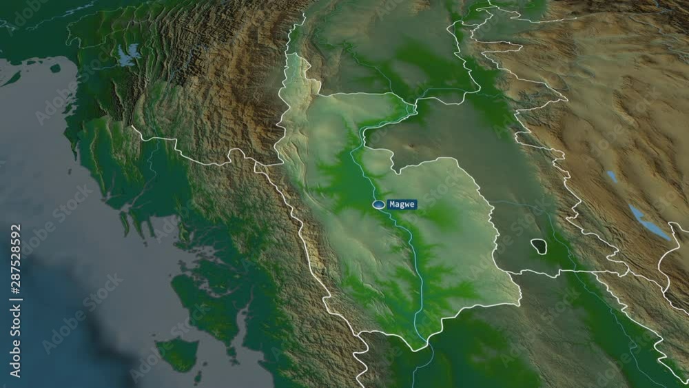 Magway - division of Myanmar with its capital zoomed on the physical ...