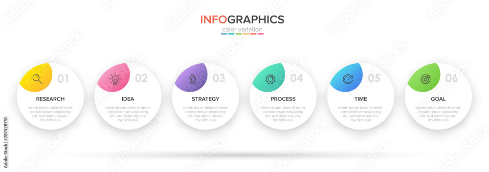 Concept of arrow business model with 6 successive steps. Five colorful ...