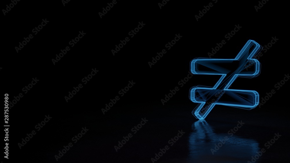 3d glowing wireframe symbol of symbol of not equal isolated on black ...