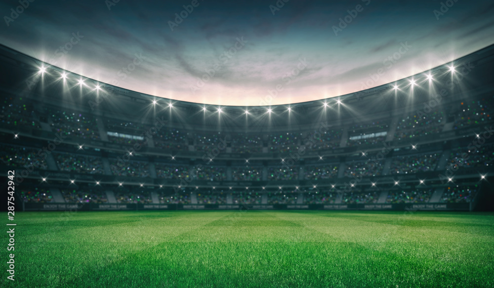 Empty green grass field and illuminated outdoor stadium with fans ... Empty green grass field and illuminated outdoor stadium with fans ...