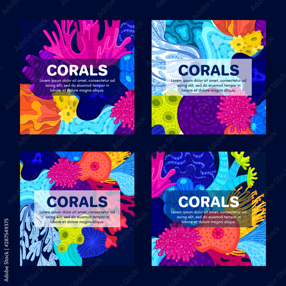 Vector composition of corals. Background with colorful sea or ocean ...