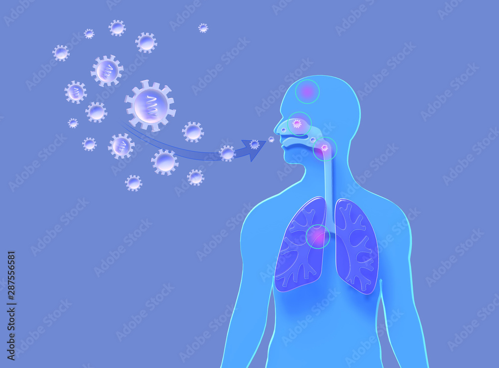 3d illustration of the influenza virus entering the human body causing ...