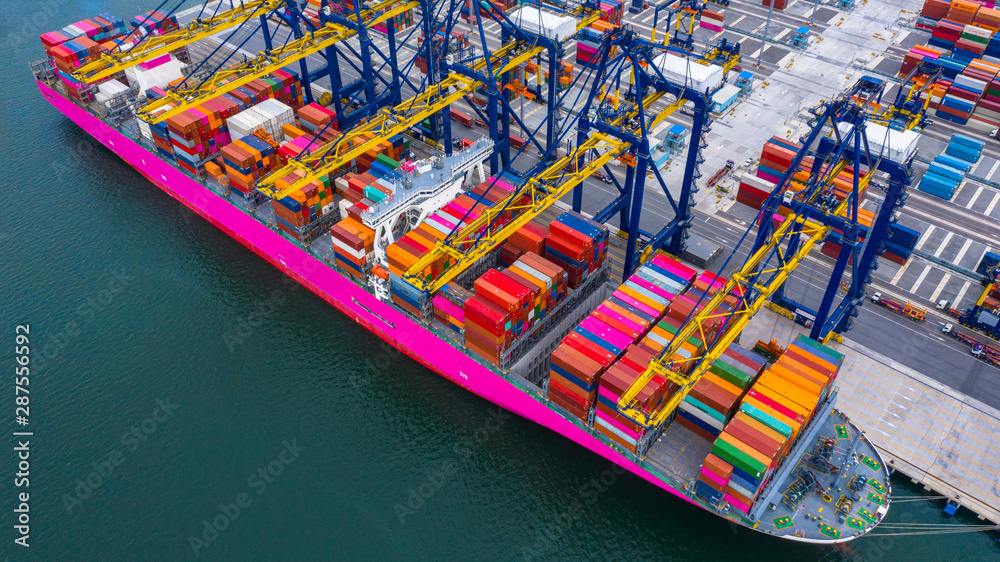 Container ship loading and unloading in deep sea port, Aerial view of ...