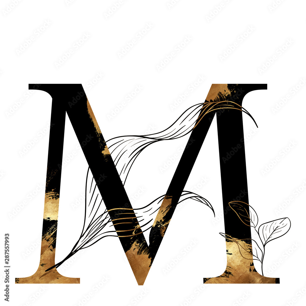 Graceful nautical font with golden texture, flowers and sea elements ...