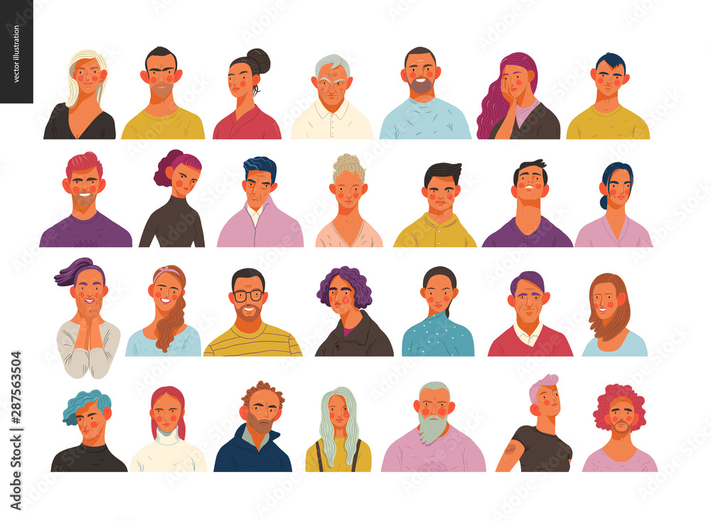 Real people portraits set - hand drawn flat style vector design concept ...