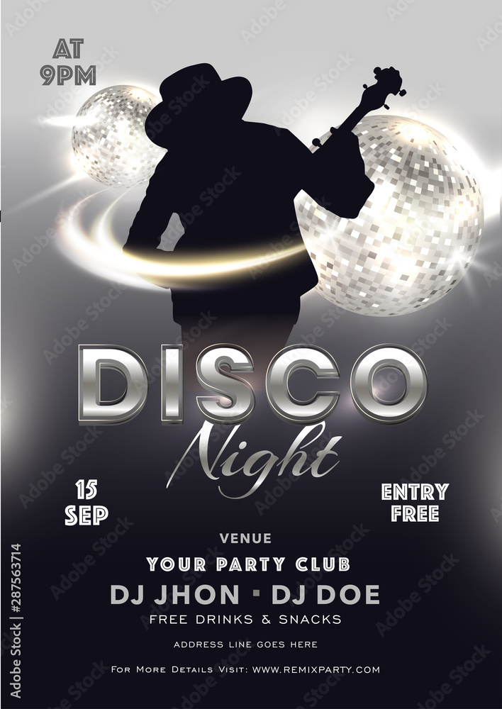 Disco Night Party invitation card design with silhouette guy playing ...